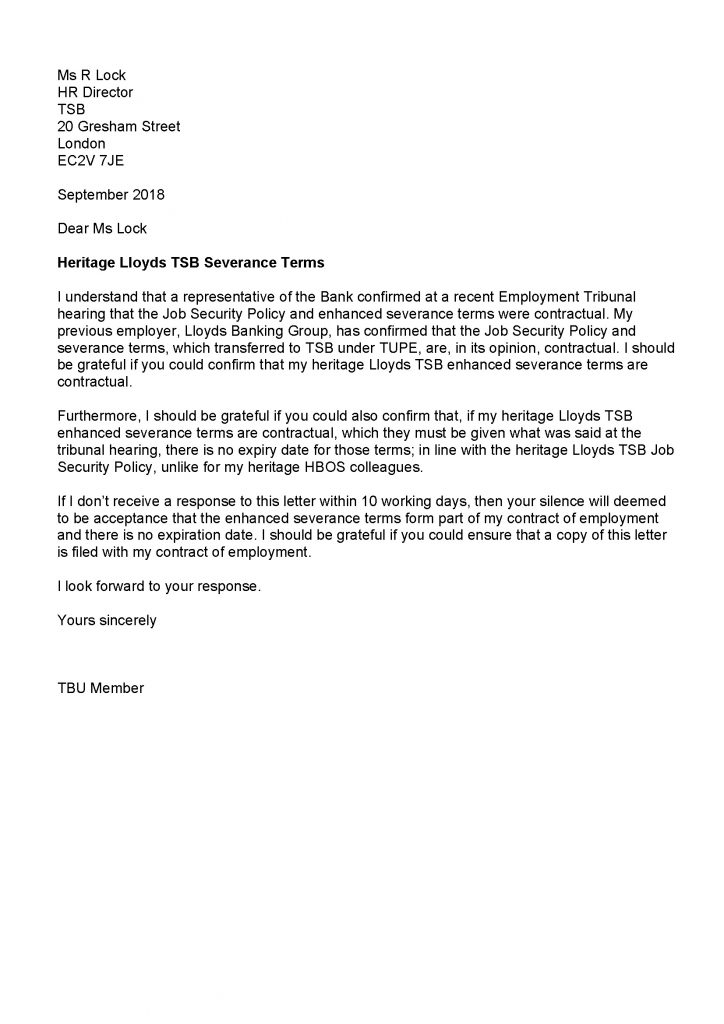 Letter To Ms R Lock, HR Director – Heritage Lloyds TSB Severance Terms ...