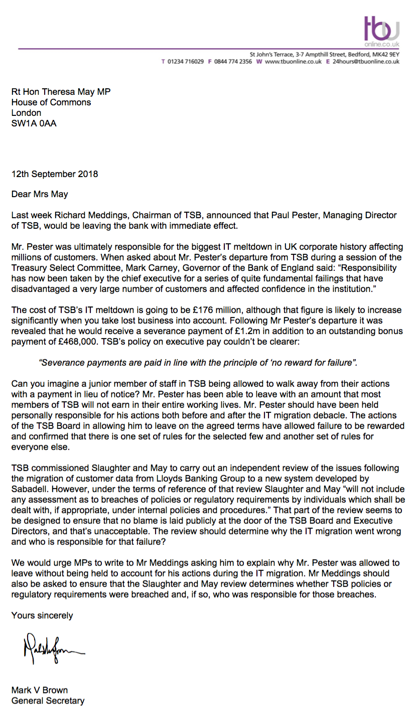 Letter To MPs Regarding Paul Pester’s Severance Payment | TBU