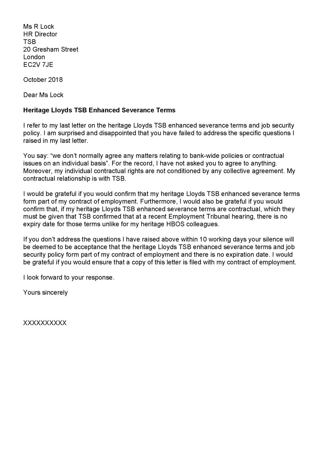 Letter To Ms R Lock, HR Director – Heritage Lloyds TSB Severance Terms ...