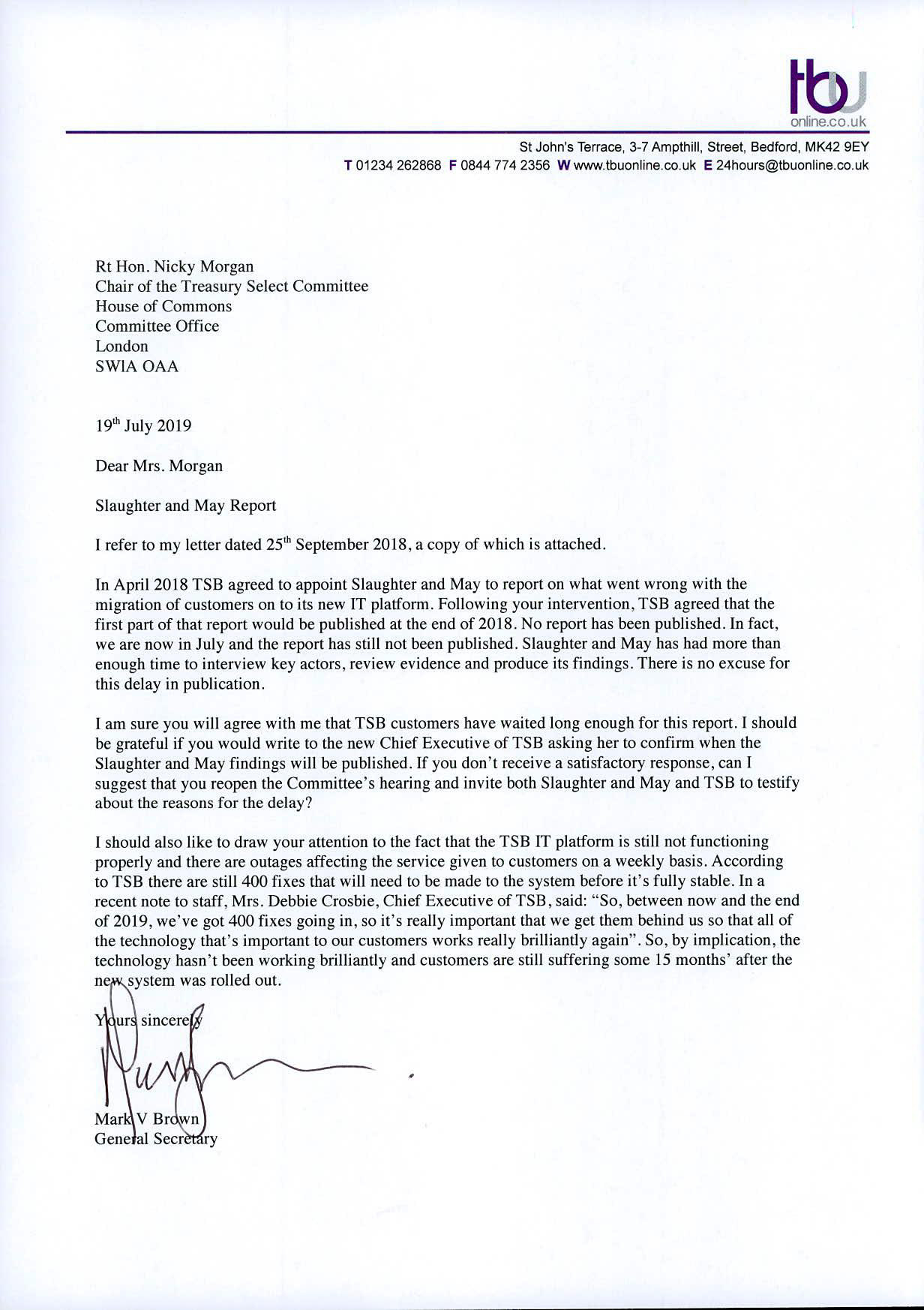 Letter to Rt Hon Nicky Morgan Regarding Slaughter and May Report | TBU