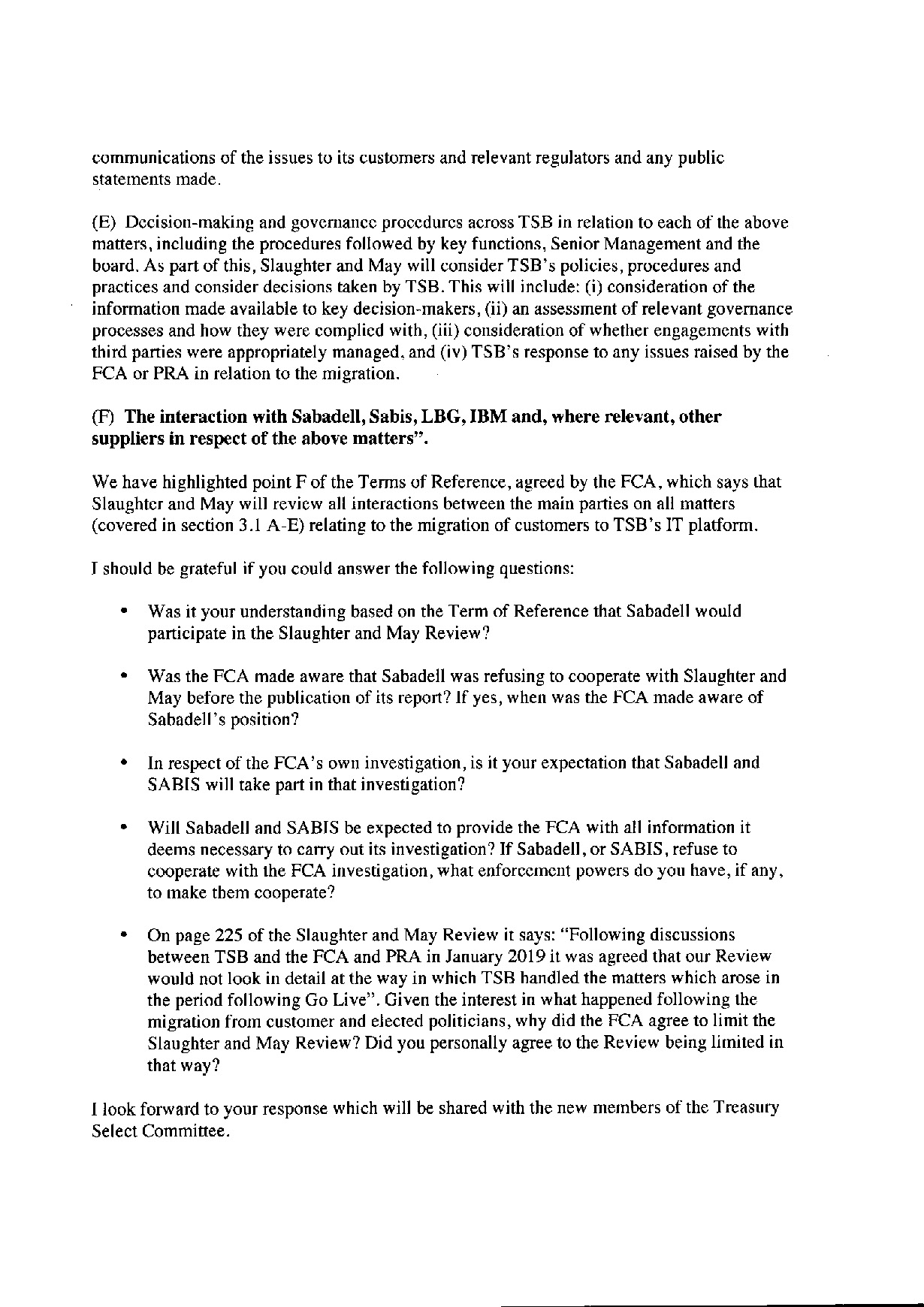 Letter to Andrew Bailey Regarding The Slaughter and May Report | TBU